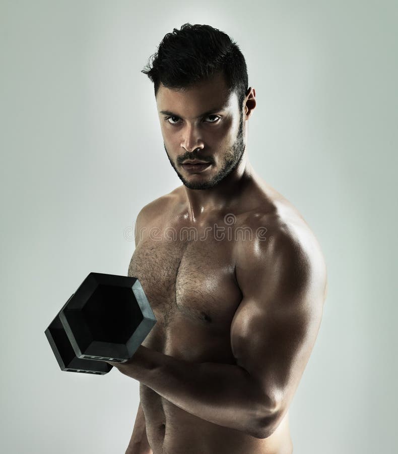 Workout, Portrait and Man with Dumbbell in Studio for Muscle ...