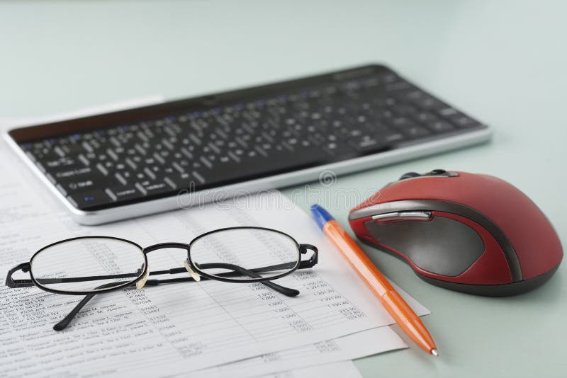 Workplace Accountant. Documents, Pen, Mouse, Keyboard. Stock Image ...