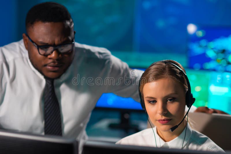 Workplace of the Air Traffic Controllers in the Control Tower. Diverse ...