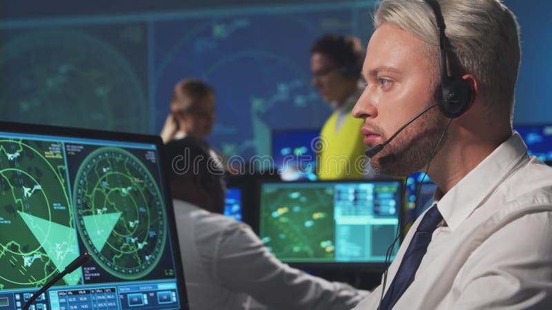 Workplace of the Air Traffic Controllers in the Control Tower. Diverse ...