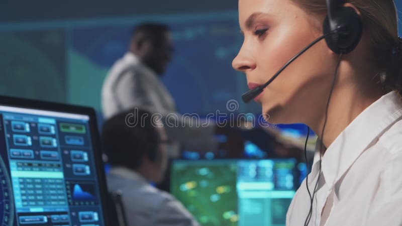 Workplace of the Air Traffic Controllers in the Control Tower. Team of ...