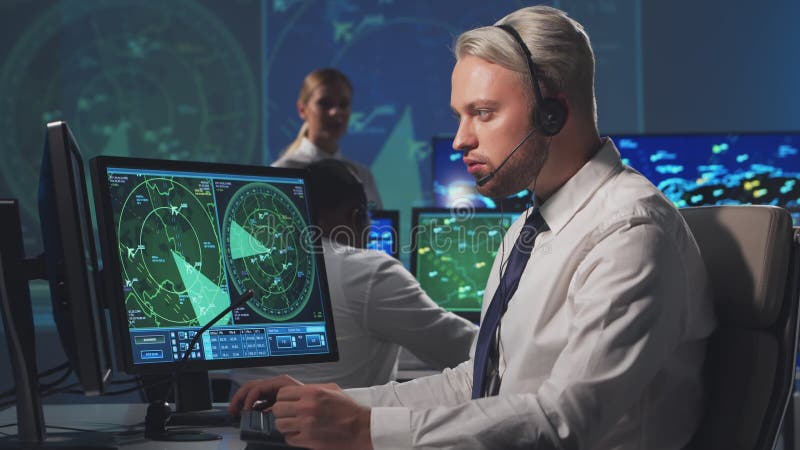 Workplace of the Air Traffic Controllers in the Control Tower. Diverse ...
