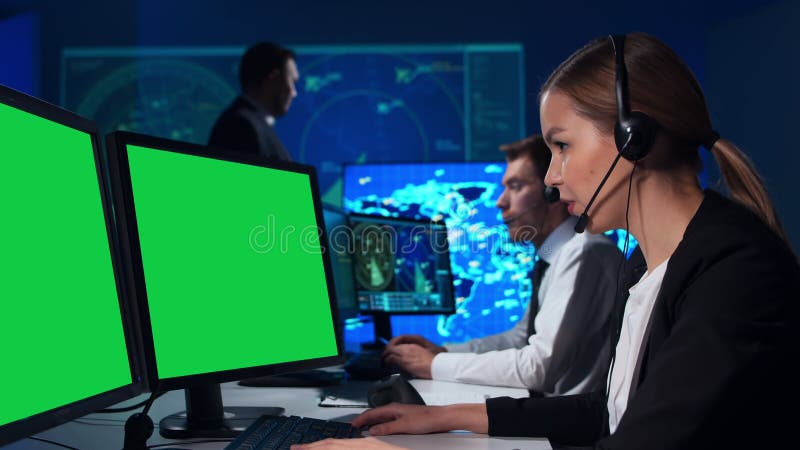 Workplace of the Air Traffic Controllers in the Control Tower. Diverse ...