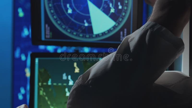 Workplace of the Air Traffic Controllers in the Control Tower. Team of ...