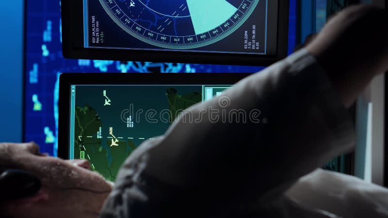 Workplace of the Air Traffic Controllers in the Control Tower. Team of ...