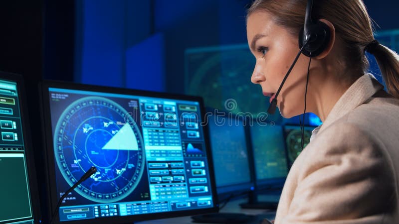 Workplace of the Air Traffic Controllers in the Control Tower. Team of ...