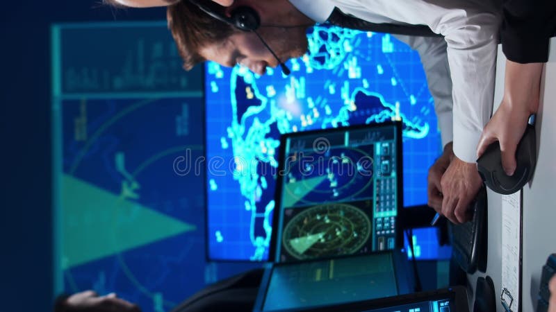 Workplace of the Air Traffic Controllers in the Control Tower. Team of ...