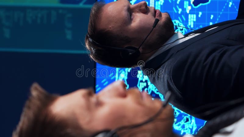 Workplace of the Air Traffic Controllers in the Control Tower. Team of ...