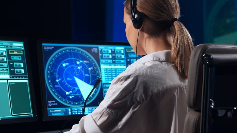 Workplace of the Air Traffic Controllers in the Control Tower. Team of ...