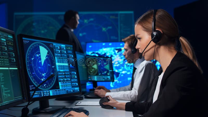 Workplace of the Air Traffic Controllers in the Control Tower. Team of ...