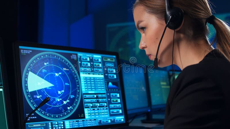 Workplace of the Air Traffic Controllers in the Control Tower. Team of ...