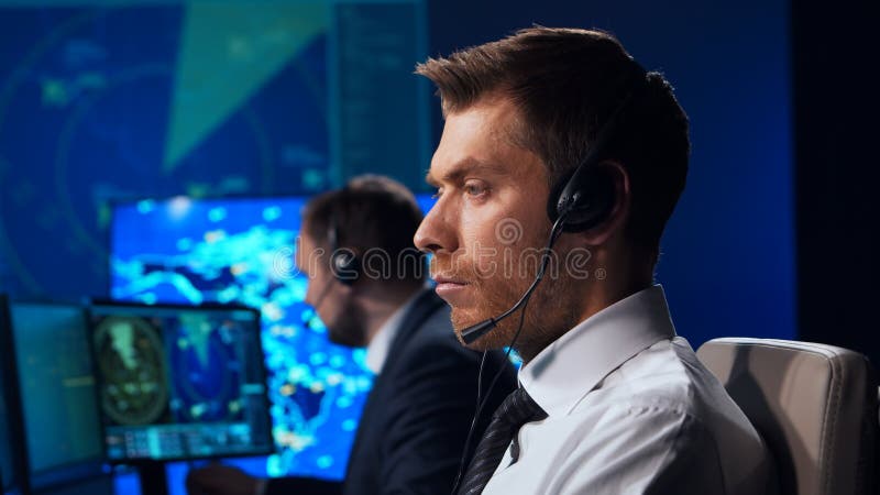 Workplace of the Air Traffic Controllers in the Control Tower. Team of ...