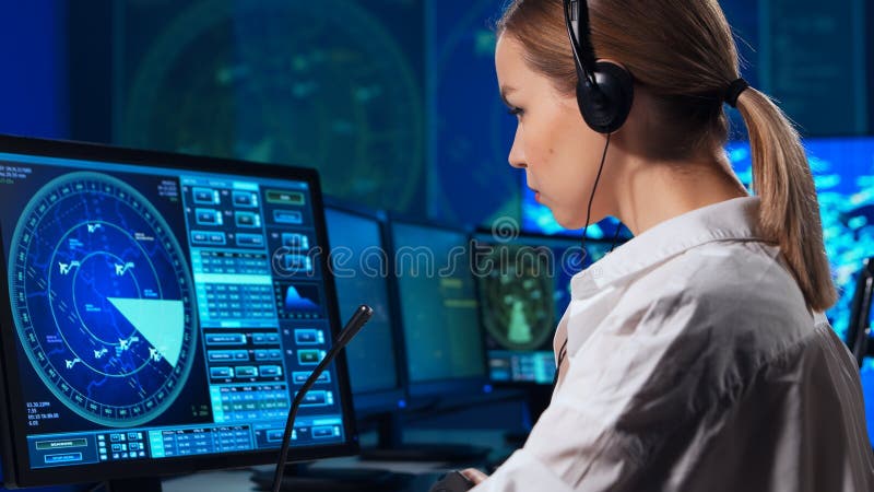 Workplace of the Air Traffic Controllers in the Control Tower. Team of ...