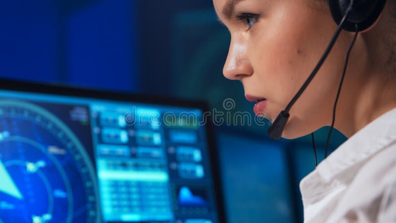Workplace of the Air Traffic Controllers in the Control Tower. Team of ...