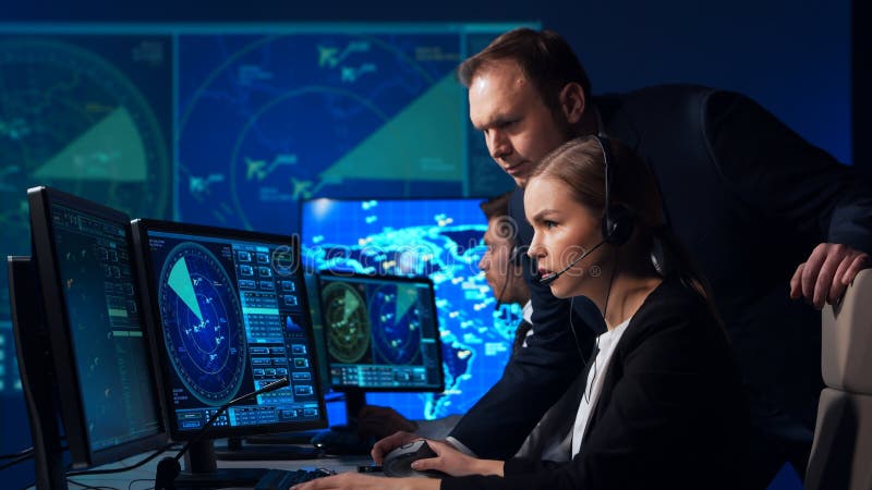 Workplace of the Air Traffic Controllers in the Control Tower. Team of ...