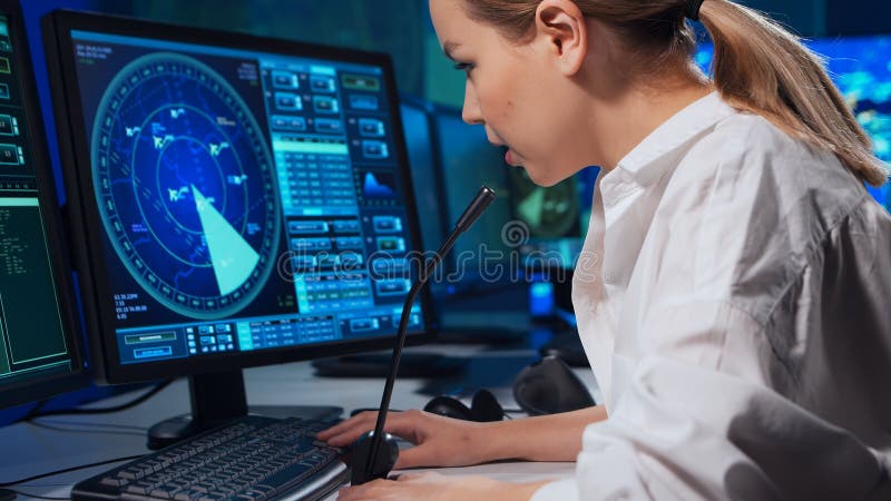 Workplace of the Air Traffic Controllers in the Control Tower. Team of ...