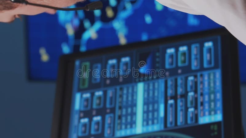 Workplace of the Air Traffic Controllers in the Control Tower. Team of ...