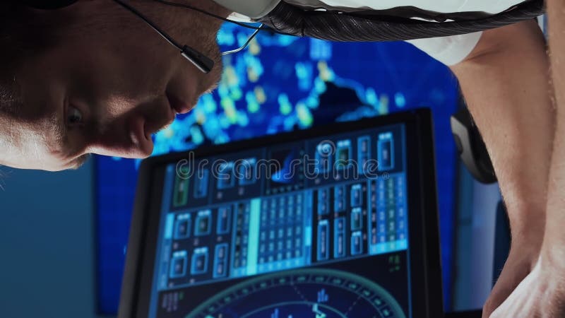 Workplace of the Air Traffic Controllers in the Control Tower. Team of ...