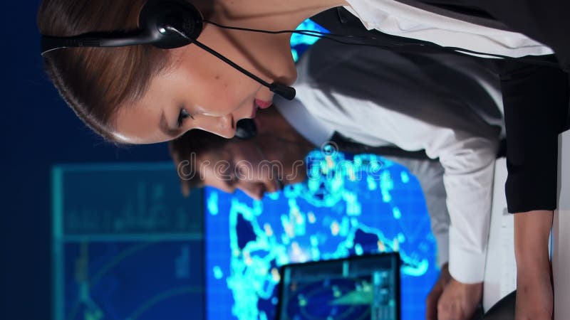 Workplace of the Air Traffic Controllers in the Control Tower. Team of ...