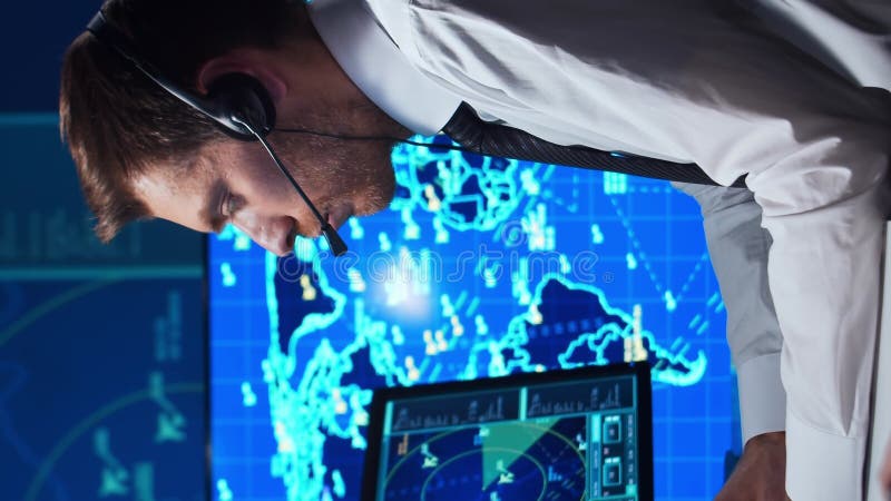 Workplace of the Air Traffic Controllers in the Control Tower. Team of ...