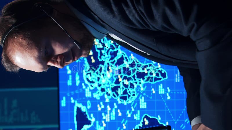 Workplace of the Air Traffic Controllers in the Control Tower. Team of ...