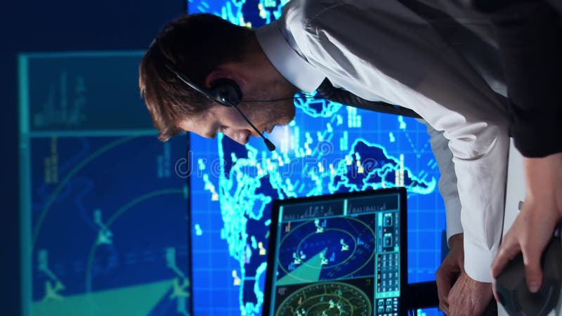 Workplace of the Air Traffic Controllers in the Control Tower. Team of ...