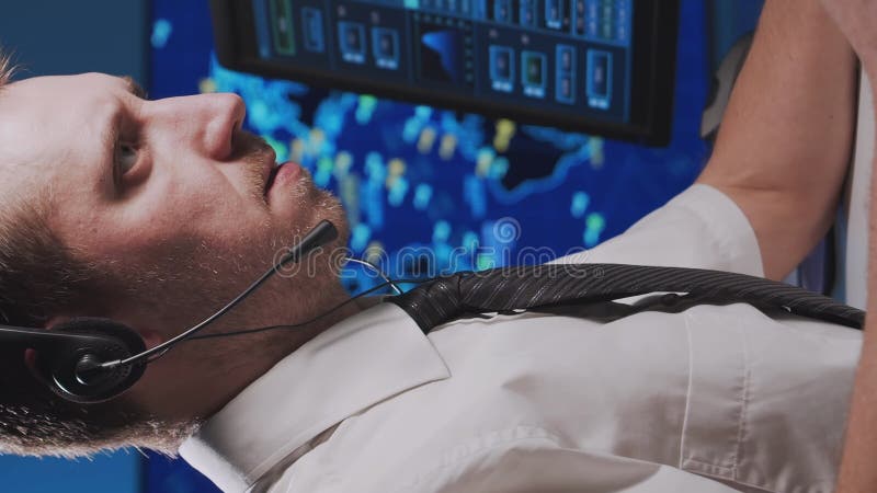 Workplace of the Air Traffic Controllers in the Control Tower. Team of ...