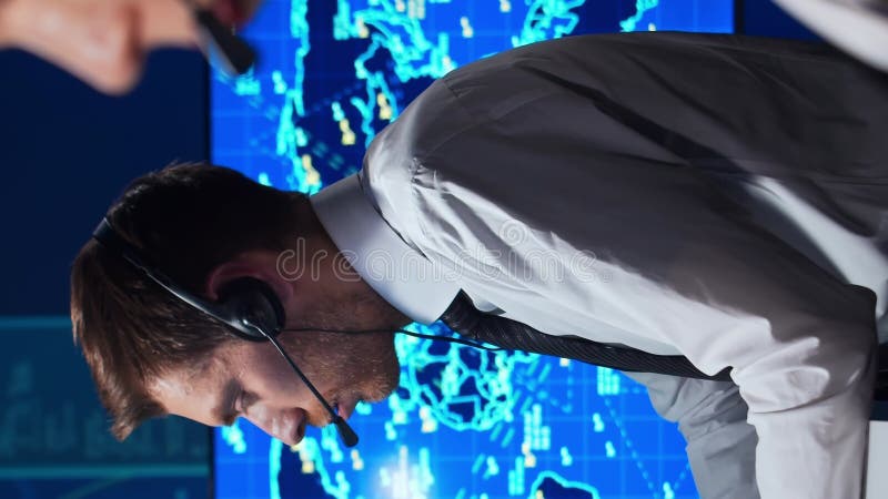 Workplace of the Air Traffic Controllers in the Control Tower. Team of ...