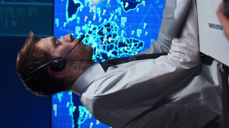 Workplace of the Air Traffic Controllers in the Control Tower. Team of ...