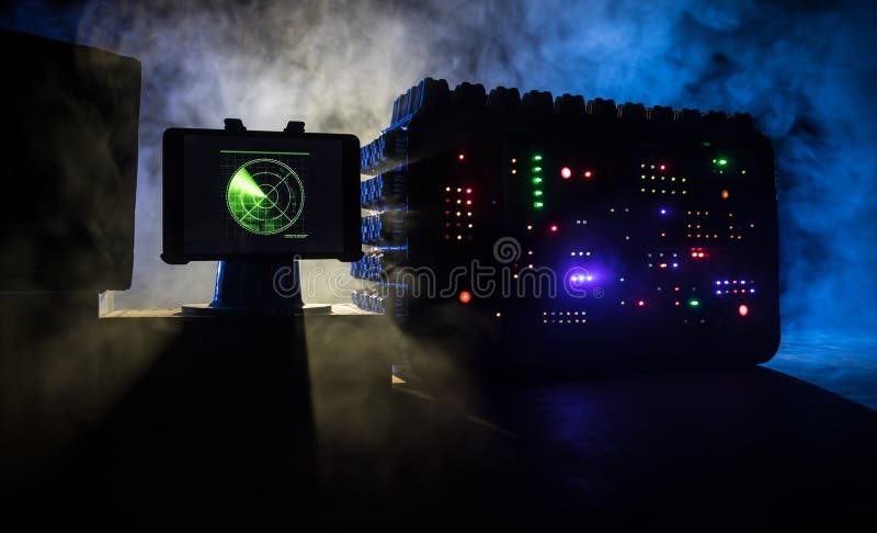 Workplace of the Air Traffic Controllers in the Control Tower. Team of ...