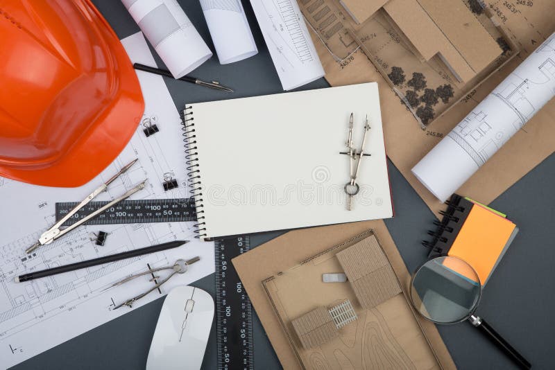 Workplace of Architect - Blank Note Pad, Construction Drawings and ...