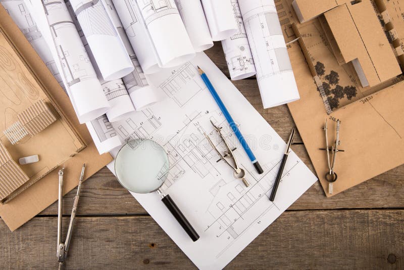 Workplace of Architect - Construction Drawings, Scale Model and Tools ...