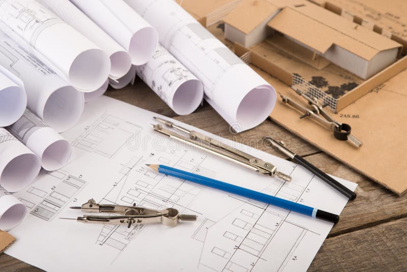 Workplace of Architect - Construction Drawings, Scale Model and Tools ...