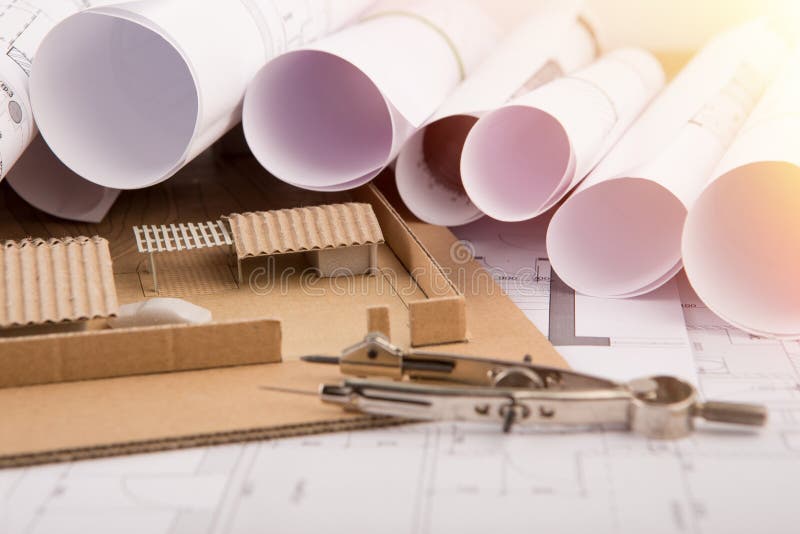 Workplace of Architect - Construction Drawings, Scale Model and Tools ...