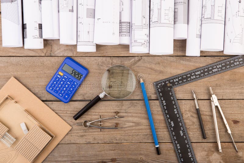 Workplace of Architect - Construction Drawings, Scale Model and Tools ...