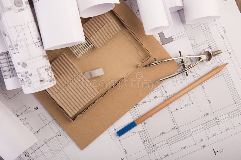 Workplace of Architect - Construction Drawings, Scale Model and Tools ...