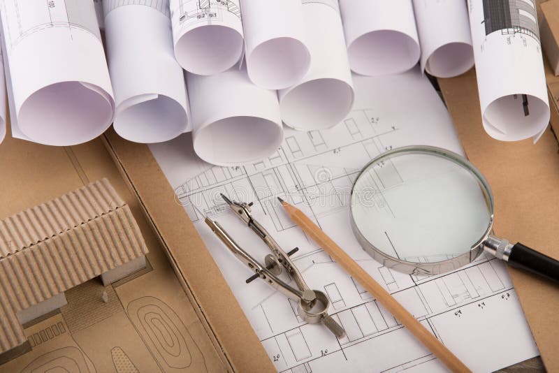 Workplace of Architect - Construction Drawings, Scale Model and Tools ...