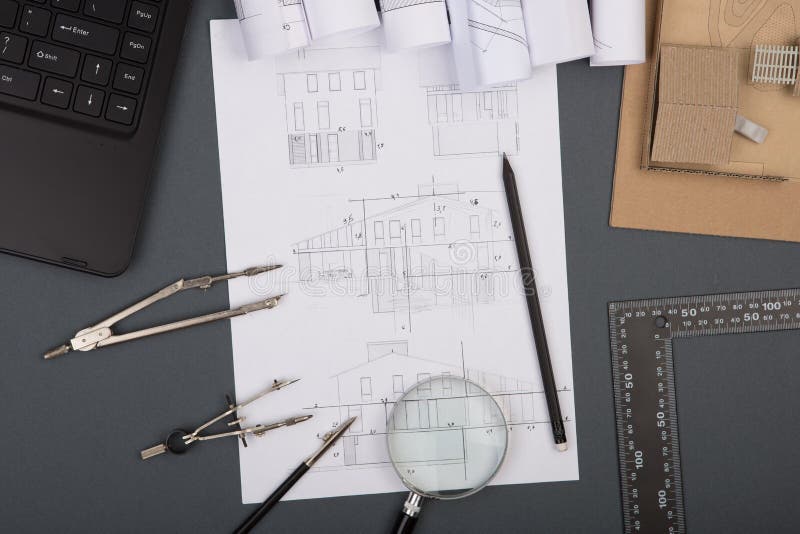 Workplace of Architect - Construction Drawings, Scale Model and Tools ...