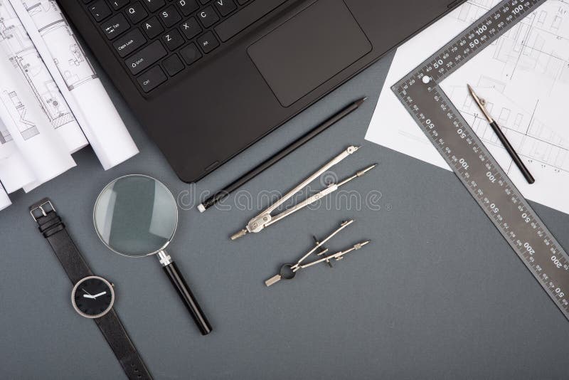 Workplace of Architect - Construction Drawings, Scale Model and Tools ...