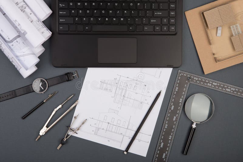 Workplace of Architect - Construction Drawings, Scale Model and Tools ...