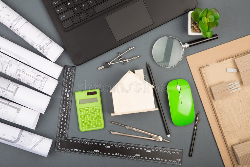 Workplace of Architect - Construction Drawings, Scale Model and Tools ...