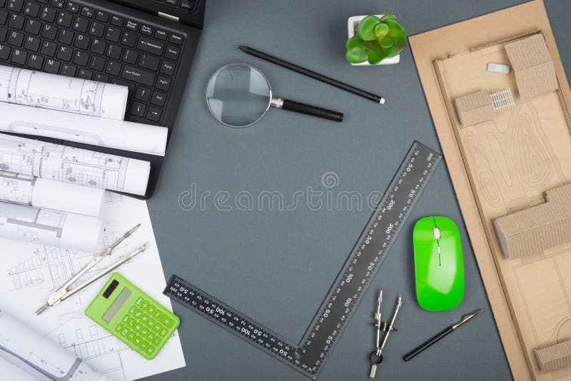 Workplace of Architect - Construction Drawings, Scale Model and Tools ...