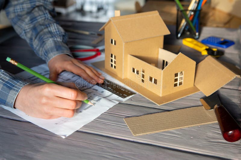 Workplace of Architect - Construction Drawings, Scale Model and Tools ...