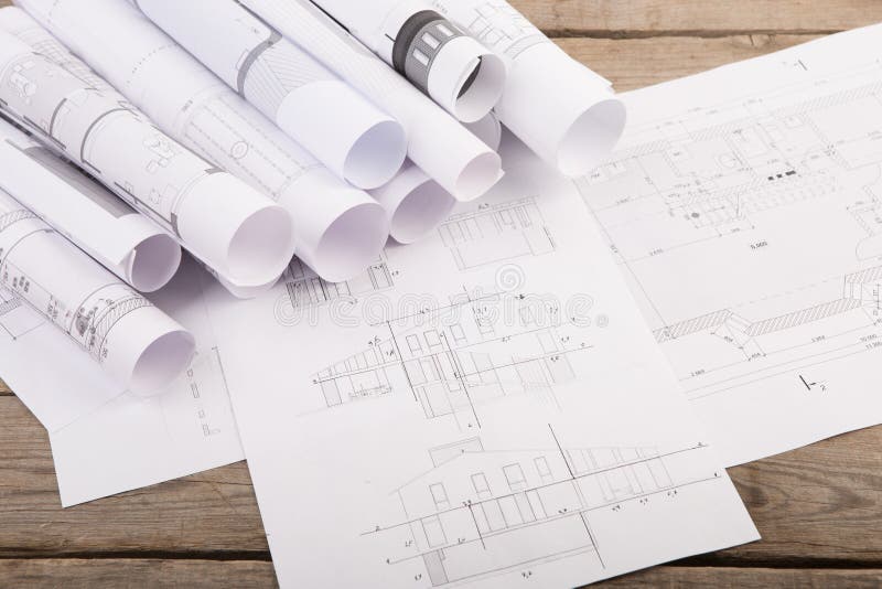 Workplace of Architect - Construction Drawings on the Table Stock Photo ...