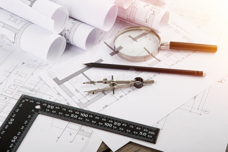Workplace of Architect - Construction Drawings and Tools Stock Image ...