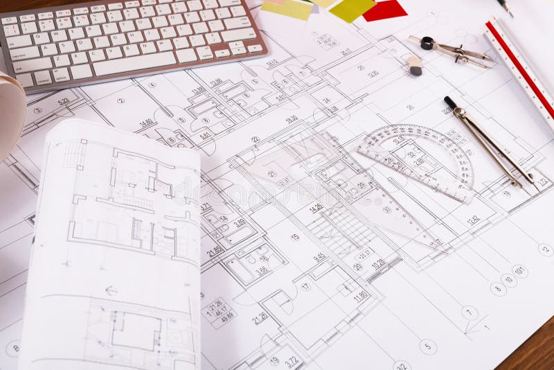 Architectural Project, Engineering Tools on Table. Stock Image - Image ...