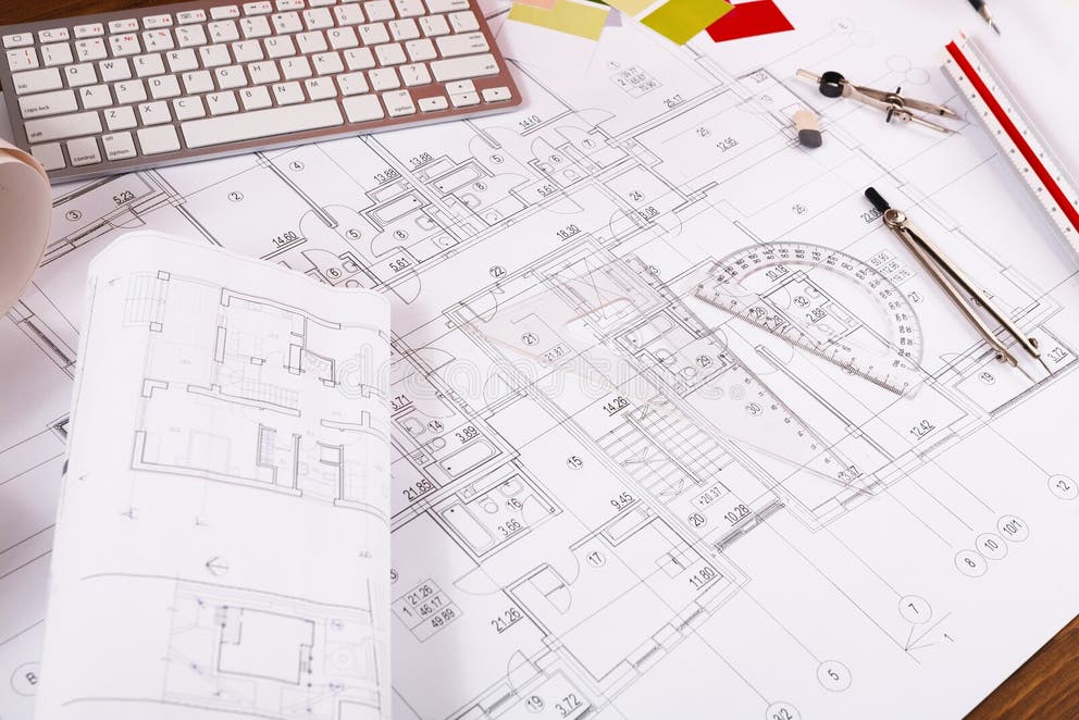 Architectural Project, Engineering Tools on Table. Stock Image - Image ...