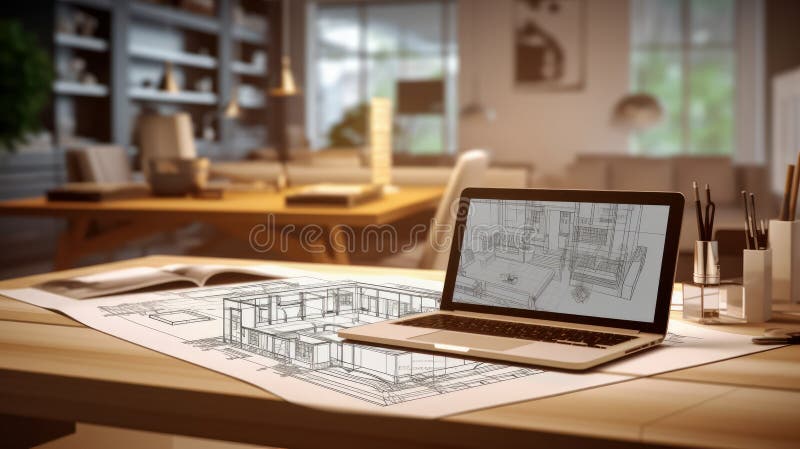 Workplace of an Architect, Interior Designer, Engineer. Laptop with a ...