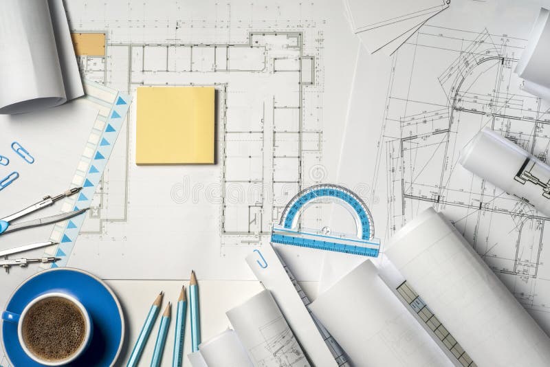Workplace of Architect - Rolls and Plans. Stock Image - Image of design ...