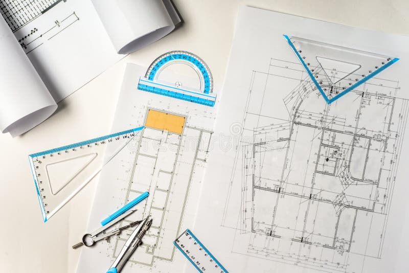 Workplace of Architect - Rolls and Plans. Stock Photo - Image of draft ...